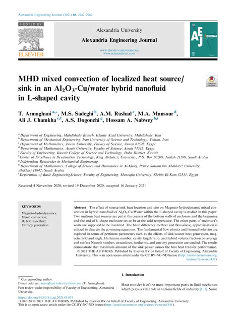 Pdf Mhd Mixed Convection Of Localized Heat Source Sink In An Al2o3 Cu