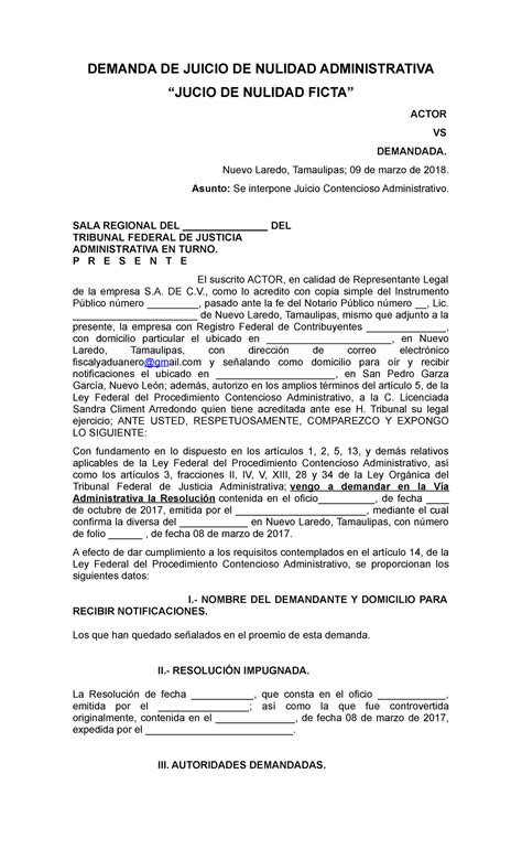 Demanda De Juicio De Nulidad Administrativa Demanda De Juicio De