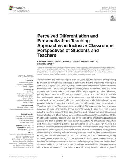 Pdf Perceived Differentiation And Personalization Teaching Approaches In Inclusive Classrooms