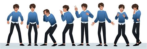만화 사업가 행복하고 슬픈 사람 서 있는 젊은이 감정 표현 손 제스처 캐주얼 정장을 입은 세일즈맨 두려움 또는 행복 실망한 사람 벡터 포즈 및 액션 세트 개체 그룹에 대한