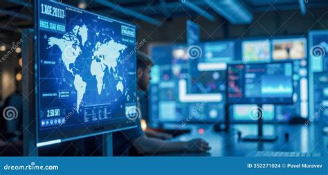 Global Cybersecurity Operations Center Showing Multiple Screens With World Map Data Analytics