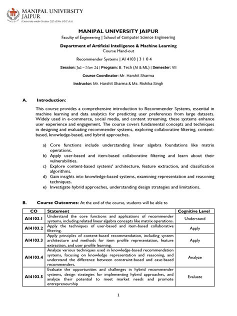 Ai 4103 Course Handout Recommender System Pdf