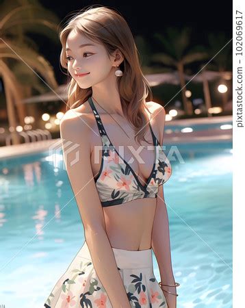 Night Pool Woman In Swimsuit Ai Generated Image Stock Illustration