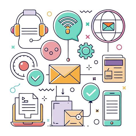 Illustration Of Digital Communication And Workflow With Icons Premium