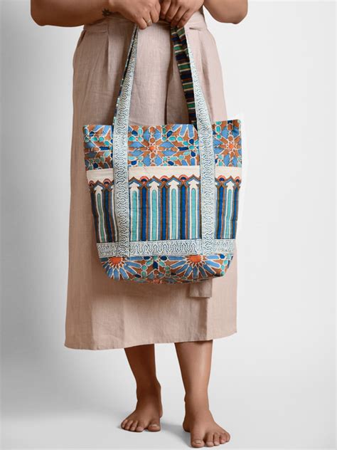 Geometric Moroccan Tote Bag Blue Brown Saffron Marigold