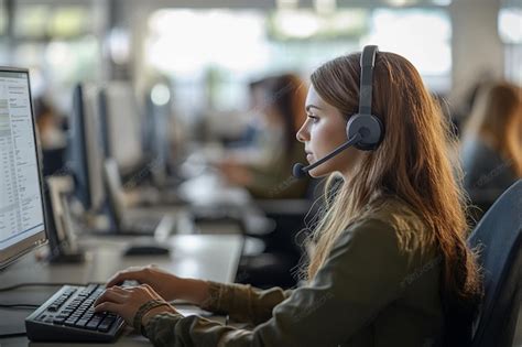 Female Employee Call Center Video Link And Tech Support Employee Uses Headset And Webcam