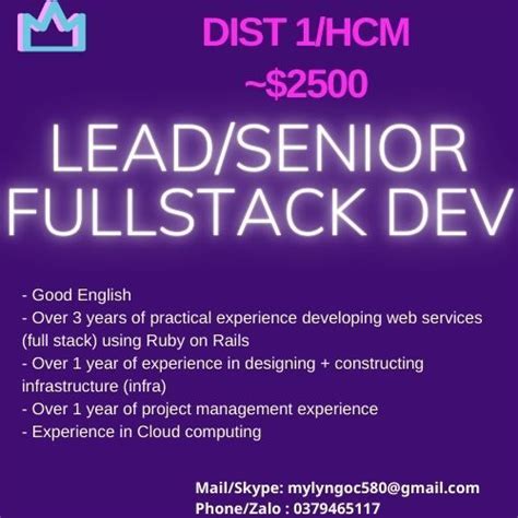 [dist 1 hcm] lead senior fullstack developer ror ~ 2500 lý ngọc Ánh