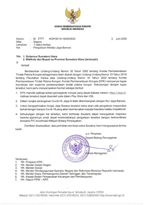 Surat Kpk Tentang Pengaduan Melalui Jaga Bansos Inspektorat Nisel