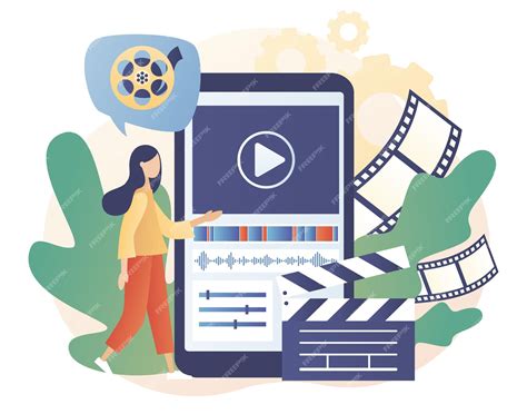 Premium Vector Video Editor Studio Tiny Woman Footage Editing And