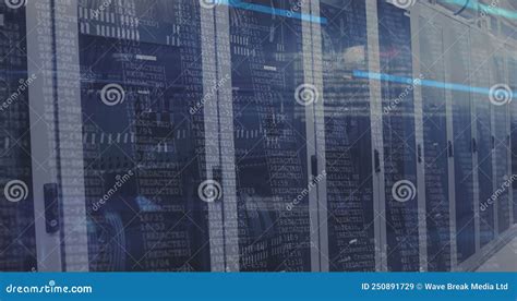 image of data processing on screens over tech room with computer servers stock image image of