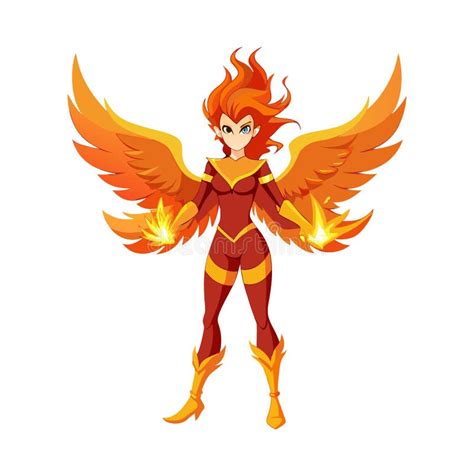 Cartoon Phoenix Girl Character With Fiery Hair And Wings Illustration