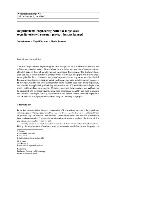 Pdf Requirements Engineering Within A Large Scale Security Oriented