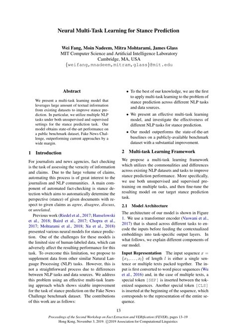 Pdf Neural Multi Task Learning For Stance Prediction
