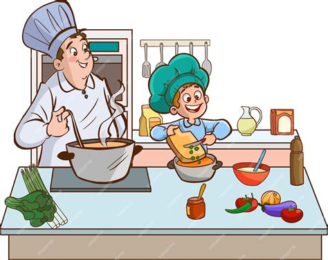 Niños De Dibujos Animados Cocinando En La Cocina Vector Premium