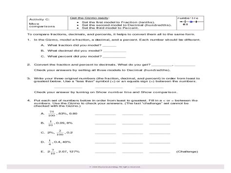 Exploring Decimals Percents And Fractions Using Gizmo Worksheet For 6th 9th Grade Lesson
