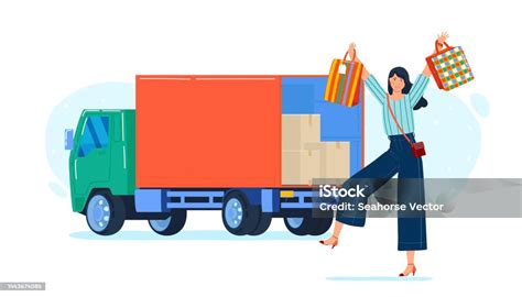 쇼핑 선물 상자 배달 운송 트럭 벡터 그림 그림입니다 여자 또는 소녀 캐릭터는 미용 제품과 패키지 상점 상자를 들고 있습니다 상점을 위한 상자 소포 상점 상품 빠른 납품