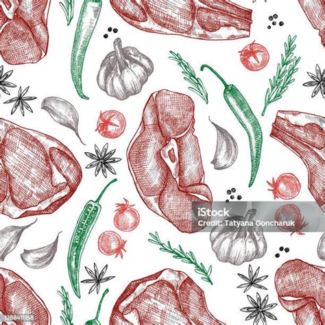 복고풍 스타일의 그래픽 드로잉 매끄러운 패턴 고기 제품을 요리 빈티지 스타일의 스테이크 쇠고기 돼지 고기 향신료와 야채 세피아 브라운 검은색에 대한 스톡 벡터 아트 및 기타