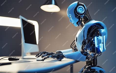 Premium Ai Image Robot Working At Computer Among People It Team Of Future Futuristic Worker