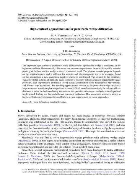 Pdf High Contrast Approximation For Penetrable Wedge Diffraction