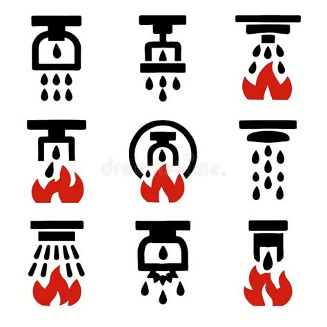 Fire Sprinkler System Icons 9 Variations For Safety Signage Stock Vector Illustration Of Font