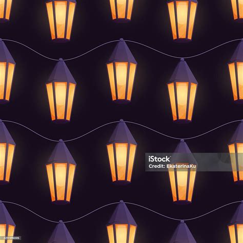 빈티지 빛나는 등불이 있는 완벽 한 패턴입니다 어두운 상의와 함께 따뜻한 주황색 조명을 반복합니다 직물 포장지 또는 축제 배경에 대 한 아늑한 동화 만화 벡터 디자인 0명에