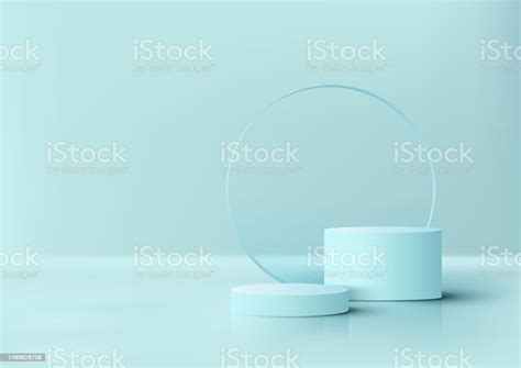 3d 현실적인 파란색 연단 스탠드 Gtransparency 유리 원형 배경 부드러운 파란색 배경에 최소 벽 장면 3차원 형태에