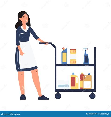 Hotel Room Service Worker Cartoon Cleaner Woman In Maid Uniform With
