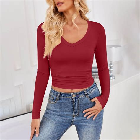 Base Layer For Women Trendy V Neck Tee Casual Long Sleeve Crop Tops Fall Fashion Outfits Wine S