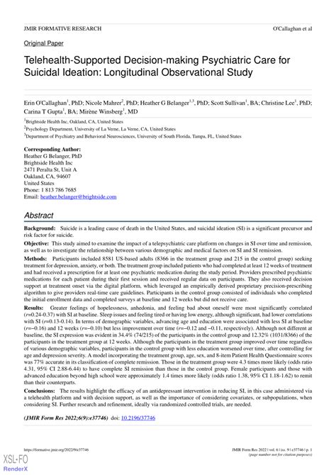 Pdf Telehealth Supported Decision Making Psychiatric Care For Suicidal Ideation Longitudinal
