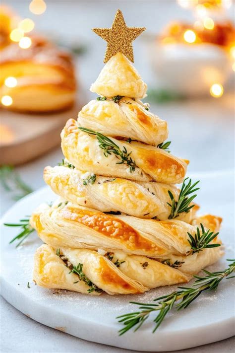 Festive Puff Pastry Christmas Tree With Cheese And Herbs On A Winter