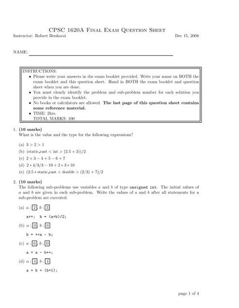 CPSC 1620A Final Exam Question Sheet