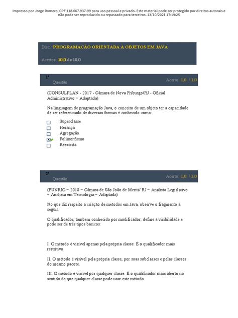 Simulado ProgramaÇÃo Orientada A Objetos Em Java 2 Pdf Java