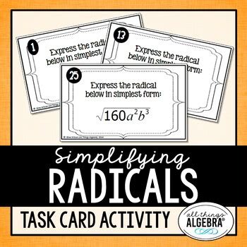 Simplifying Radicals Square Roots And Cube Roots Task Cards TPT