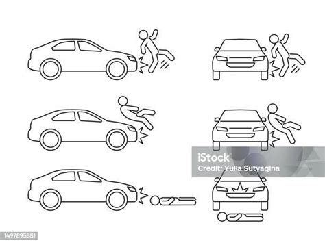 사람들과의 자동차 충돌 교통 사고 라인 아트 아이콘 세트 장애물이 있는 사람과의 충돌 보행자를 쓰러뜨리십시오 벡터 외곽선 교통에 대한 스톡 벡터 아트 및 기타 이미지
