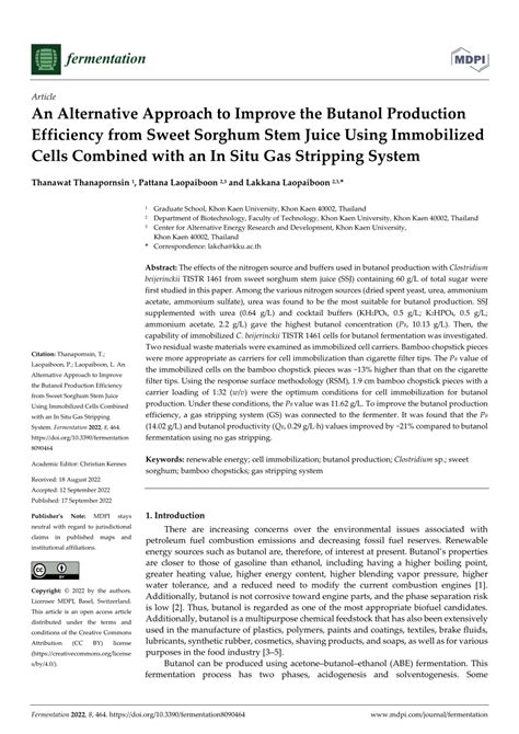 Pdf An Alternative Approach To Improve The Butanol Production Efficiency From Sweet Sorghum