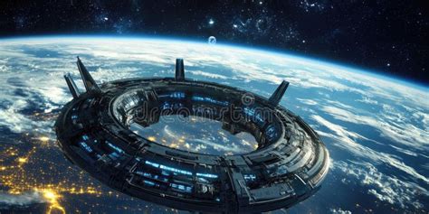 Futuristic Space Station Orbiting Earth High Tech Design Sci Fi Spacecraft Earth View Space