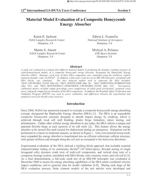 Pdf Material Model Evaluation Of A Composite Honeycomb … International Ls Dyna Users