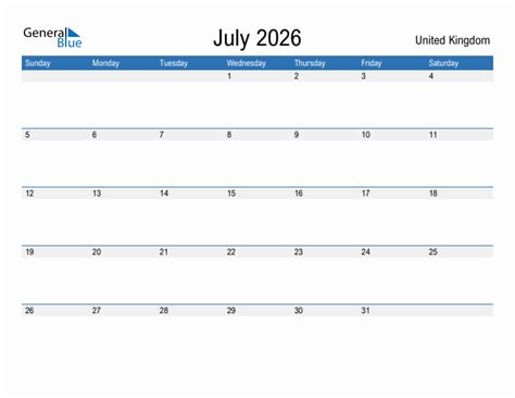 July 2026 Monthly Calendars With United Kingdom Holidays