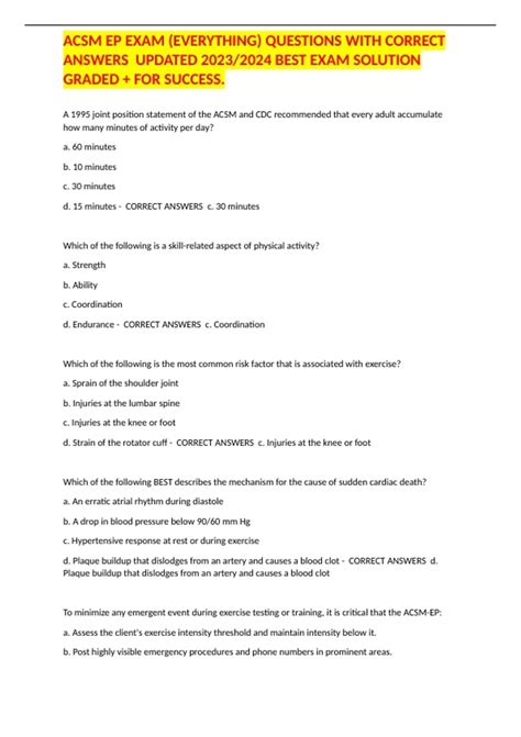 Acsm Ep Exam Everything Questions With Correct Answers Updated 2023 2024 Best Exam Solution