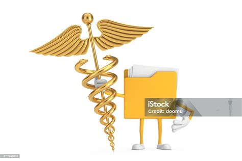 노란색 파일 폴더 아이콘 만화 사람 캐릭터 마스코트 황금 의료 Caduceus 기호 3d 렌더링 3차원 형태에 대한 스톡 사진 및 기타 이미지 Istock