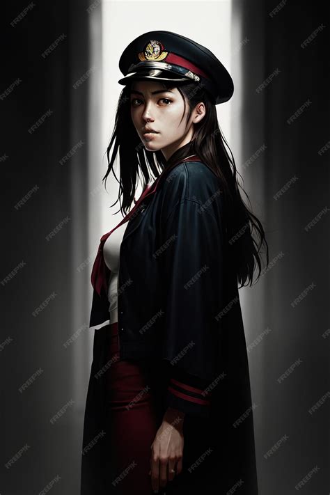 A Woman In A Black Coat And Hat Stands In Front Of A Dark Background