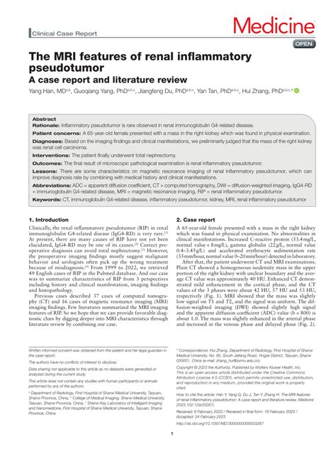 Pdf The Mri Features Of Renal Inflammatory Pseudotumor A Case Report