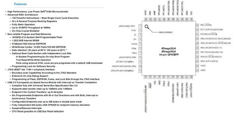atmega32u4 pinout specification and datasheet