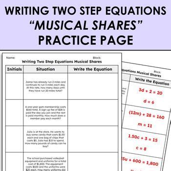 Writing Two Step Equations Musical Shares Practice Page By Mollie S Room
