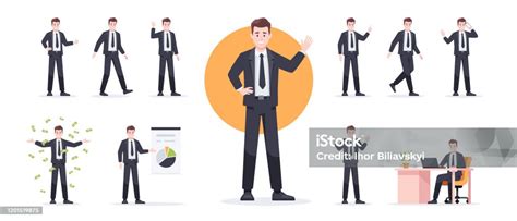 사업가 는 고립 설정합니다 직장에서 남자 정장 에 사무실 노동자 다른 포즈와 행동에 만화 사람들 애니메이션에 대한 귀여운 남성 캐릭터 심플한 디자인 플랫 스타일 벡터