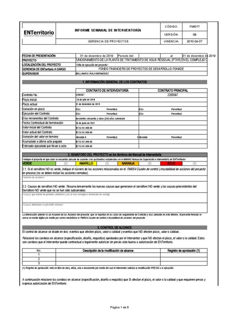 Fmi017 Informe Semanal De Interventoría Pdf Software Business