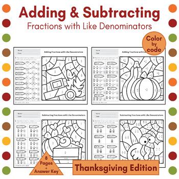 Adding Subtracting Fractions With Like Denominators Color By Code Thanksgiving