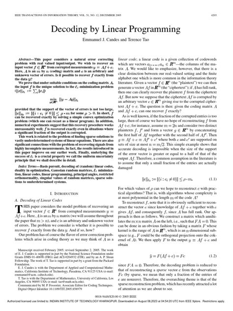 Decoding By Linear Programming Candes Tao 2005 Pdf