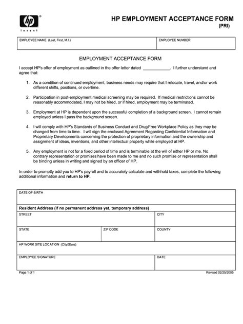 Hp Employment Acceptance Form 2005 2021 Fill And Sign Printable