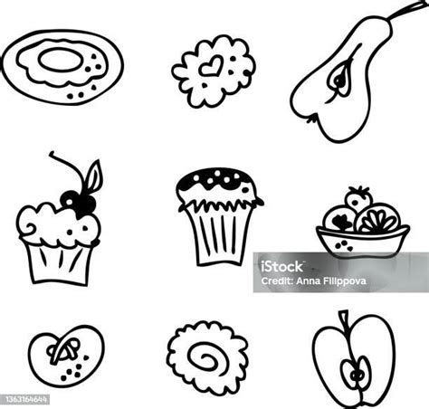 흑백 페이스트리와 과일 아이콘 세트 장식과 디자인을위한 손으로 그린 벡터 일러스트레이션 개체 그룹에 대한 스톡 벡터 아트 및 기타 이미지 개체 그룹 검은색 과일